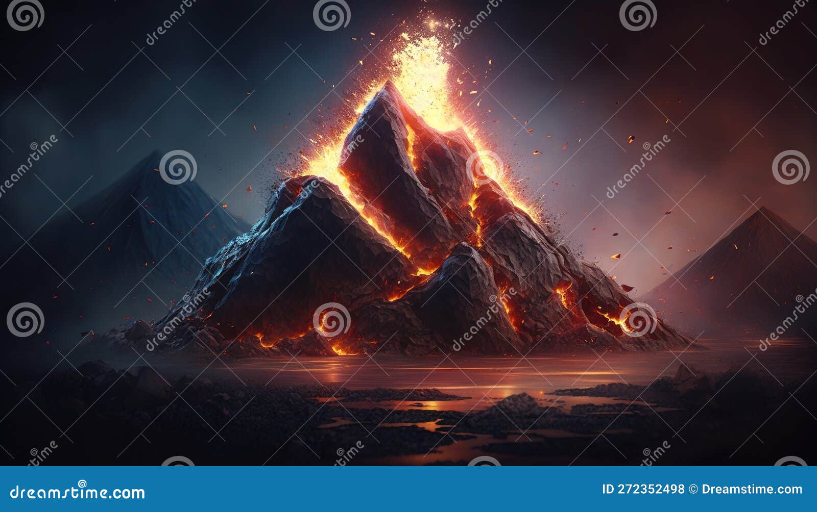 A Digital Painting of a Mountain with Fire Coming Out of it Stock ...