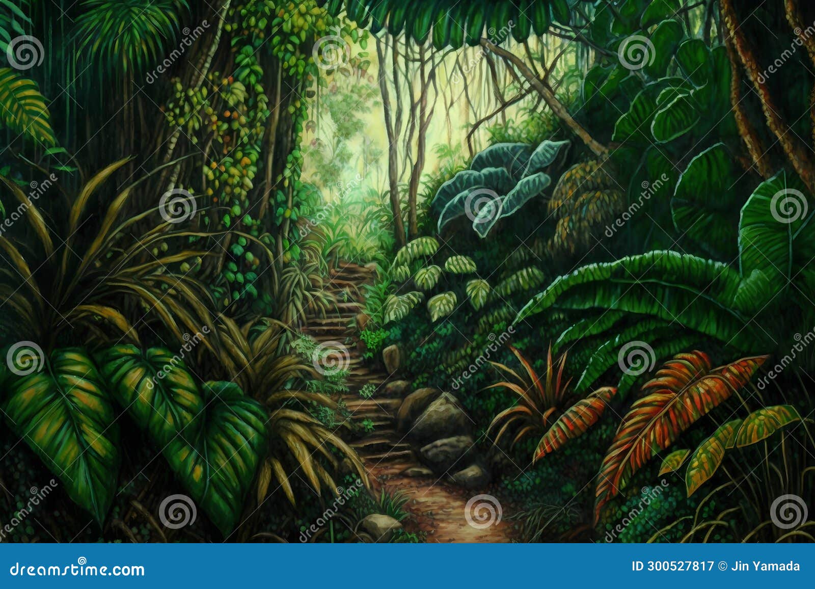 Digital Painting of a Path in the Jungle with Palm Trees and Plants ...