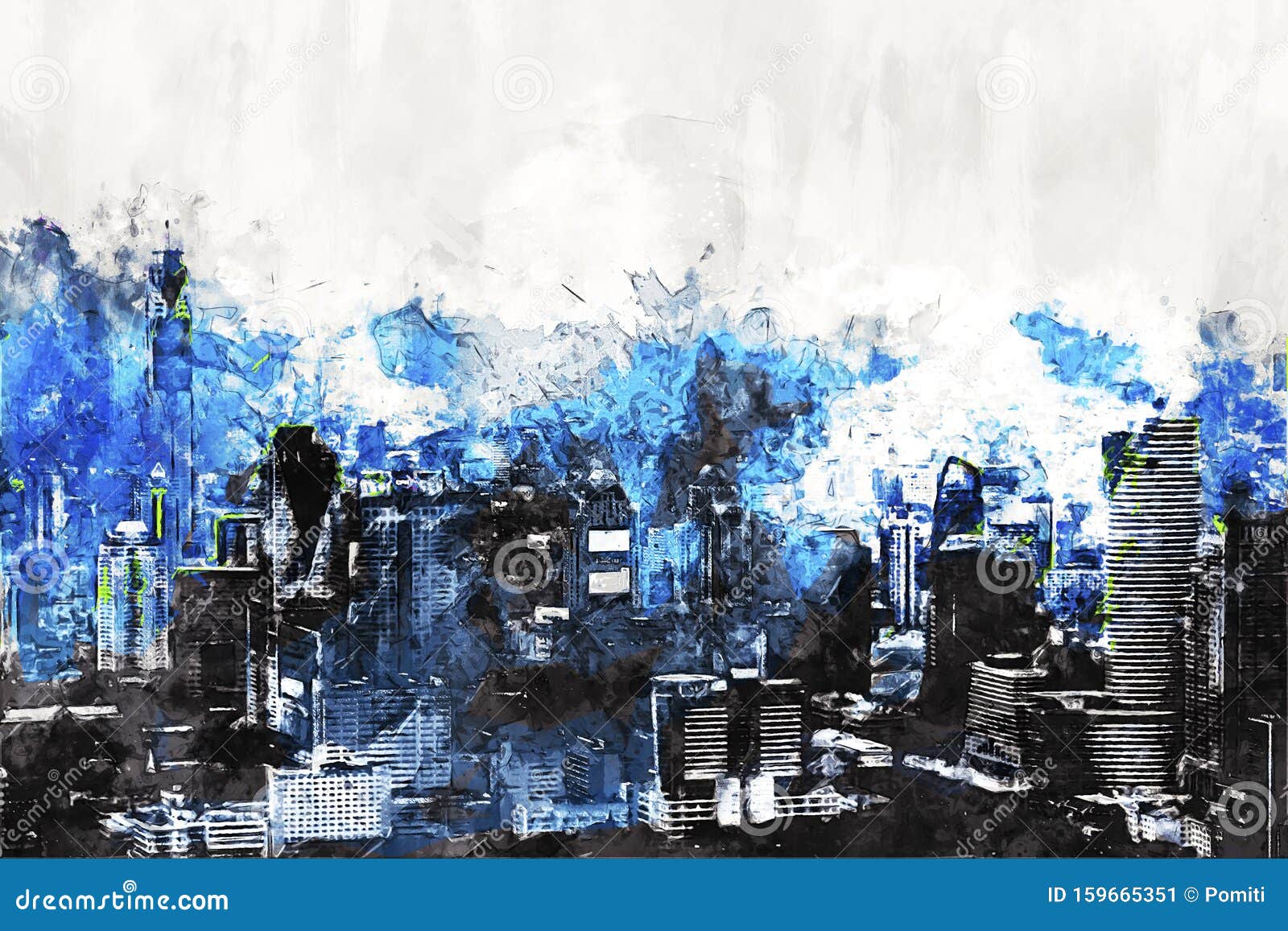 Digital Painting of Skyscraper in Blue Tone with Blue Sky Stock ...