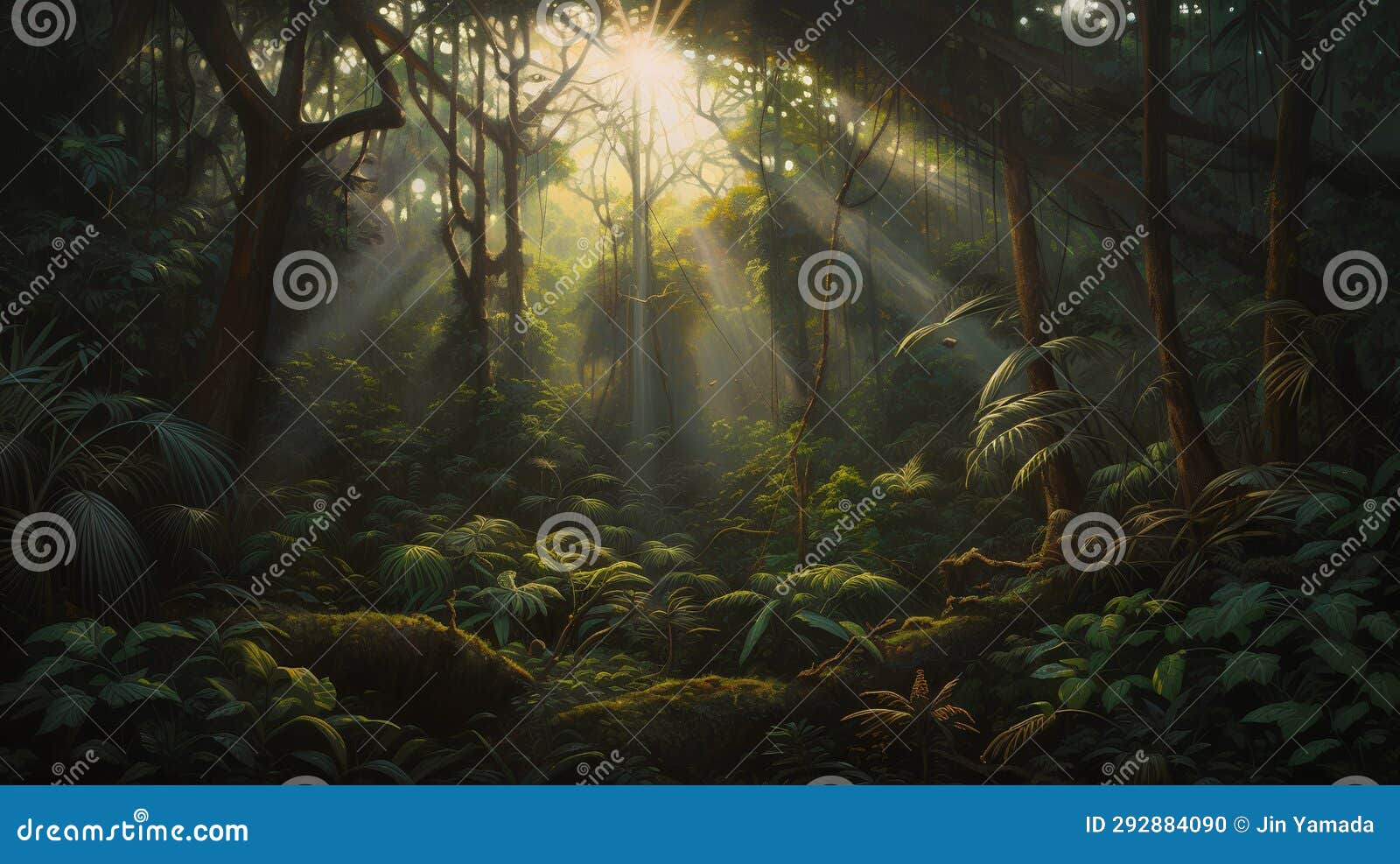 Digital Painting of a Tropical Rainforest with Sun Rays Shining through ...