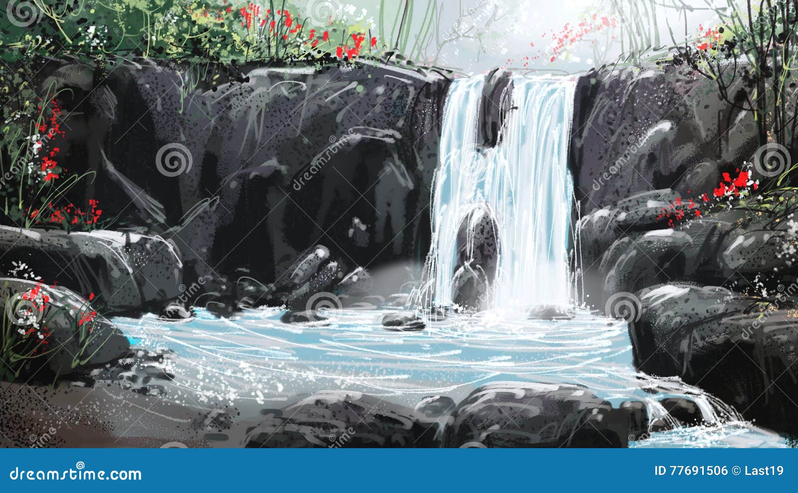 Digital painting waterfall stock illustration. Illustration of branch ...