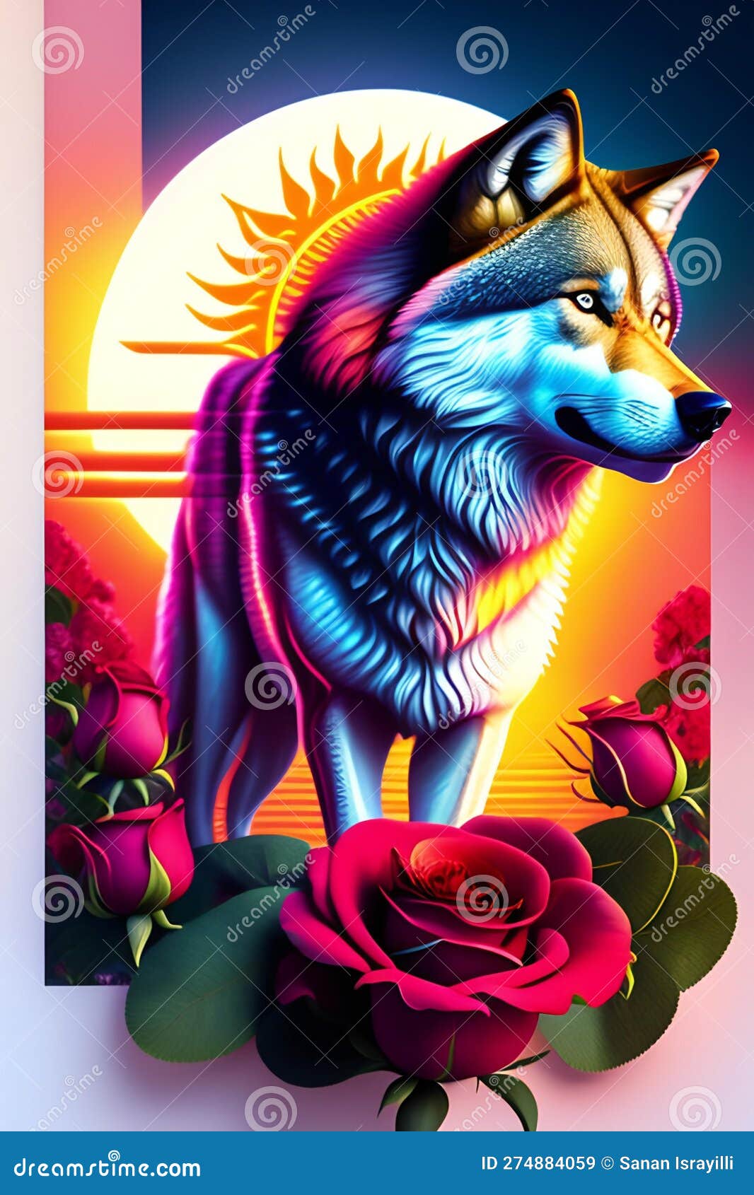 Digital Painting of a Wolf with Roses in the Background. 3D ...