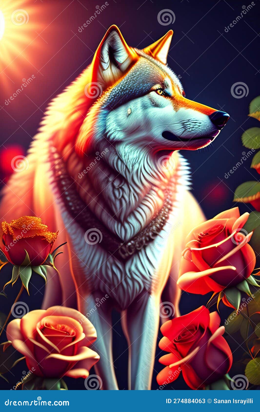 Digital Painting of a Wolf with Roses in the Background. 3D Illustration Stock Illustration ...