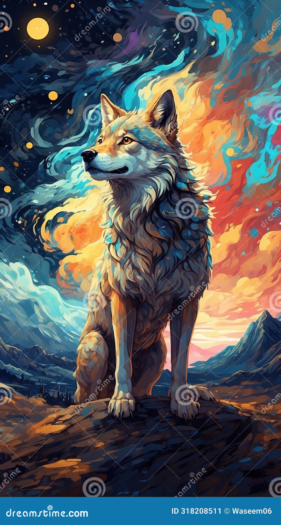 Digital Painting of a Wolf Sitting on a Rock in the Night Sky Stock ...