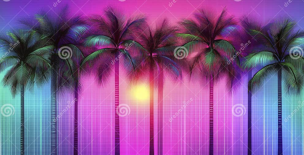 Digital Palm Trees and Sunset Stock Photo - Image of exotic, digital ...