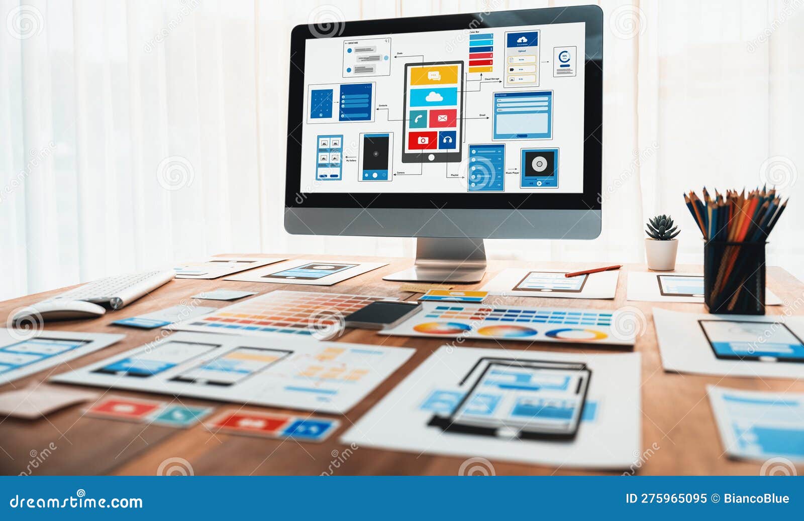 Digital Wireframe Design for Web or Mobile App UI on Laptop. Scrutinize ...