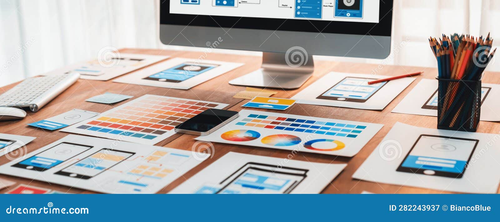 Digital Wireframe Design for Web or Mobile App UI on Laptop. Scrutinize ...