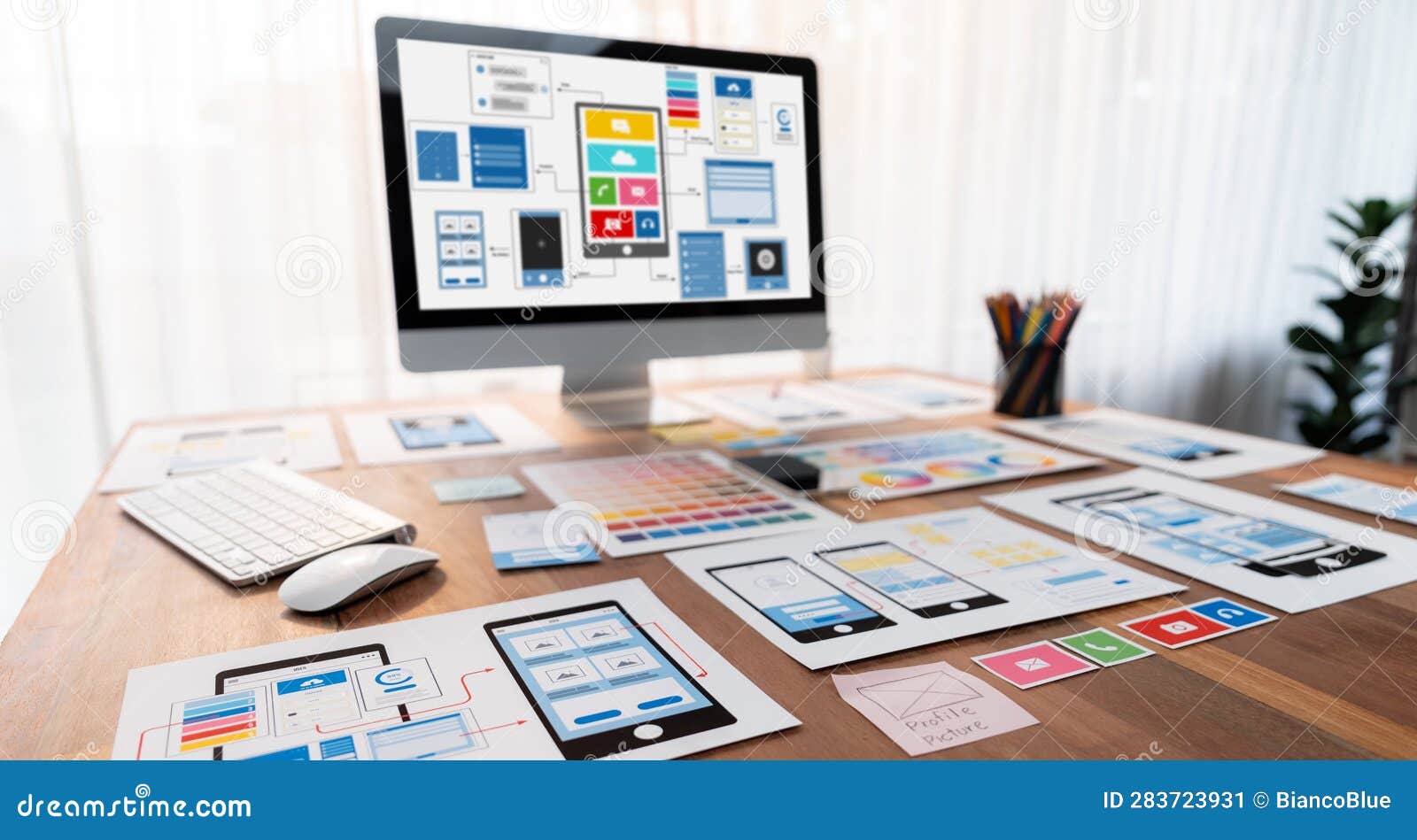 Digital Wireframe Design for Web or Mobile App UI on Laptop. Scrutinize ...