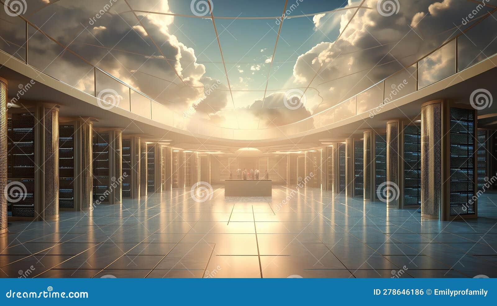 Digital Paradise: Server Racks Suspended in Clouds, Evoking a Heavenly ...