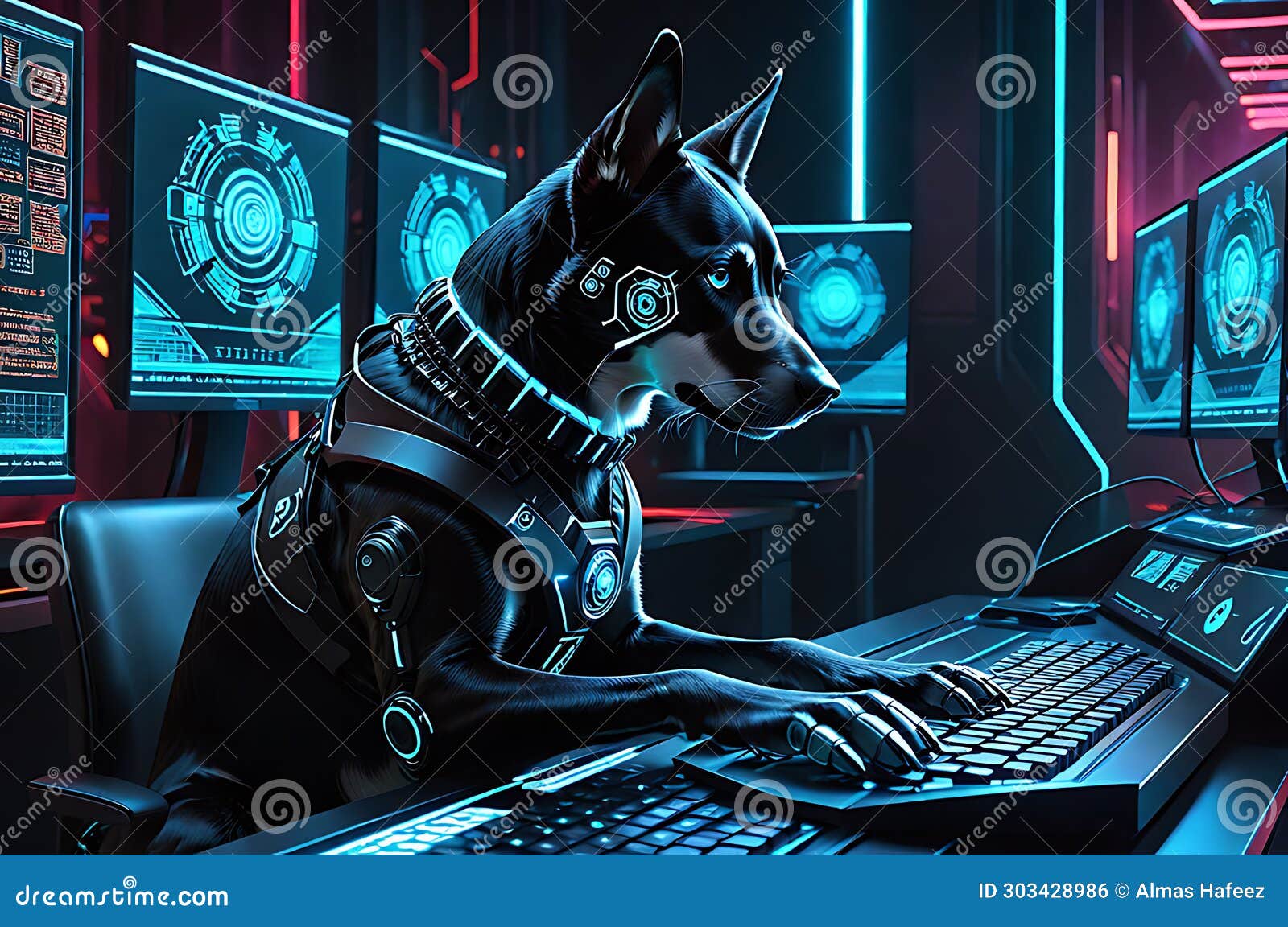Digital Paws: Cybernetic Canine Engaged in Programming on a High-Tech ...
