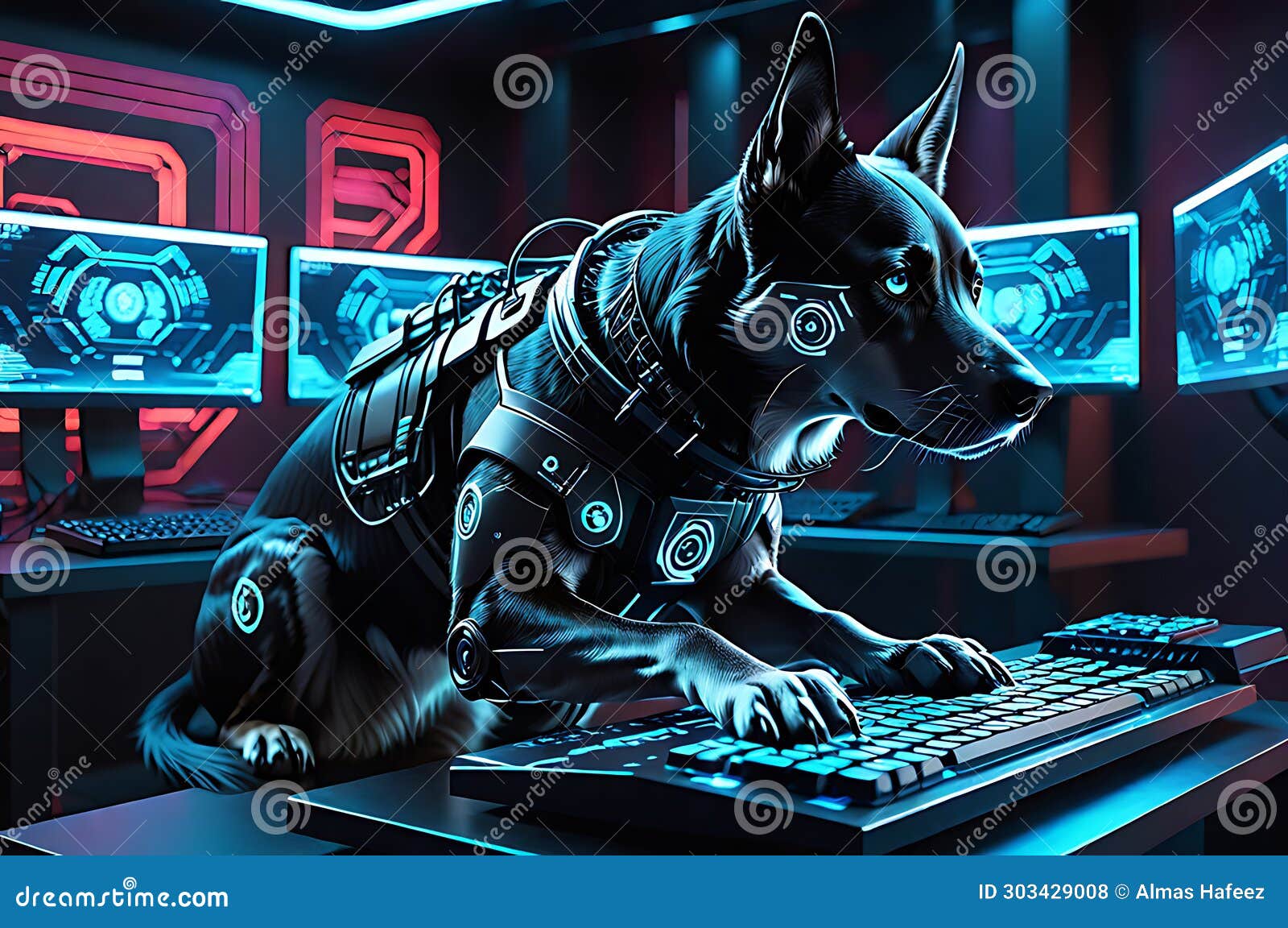 Digital Paws: Cybernetic Canine Engaged in Programming on a High-Tech ...