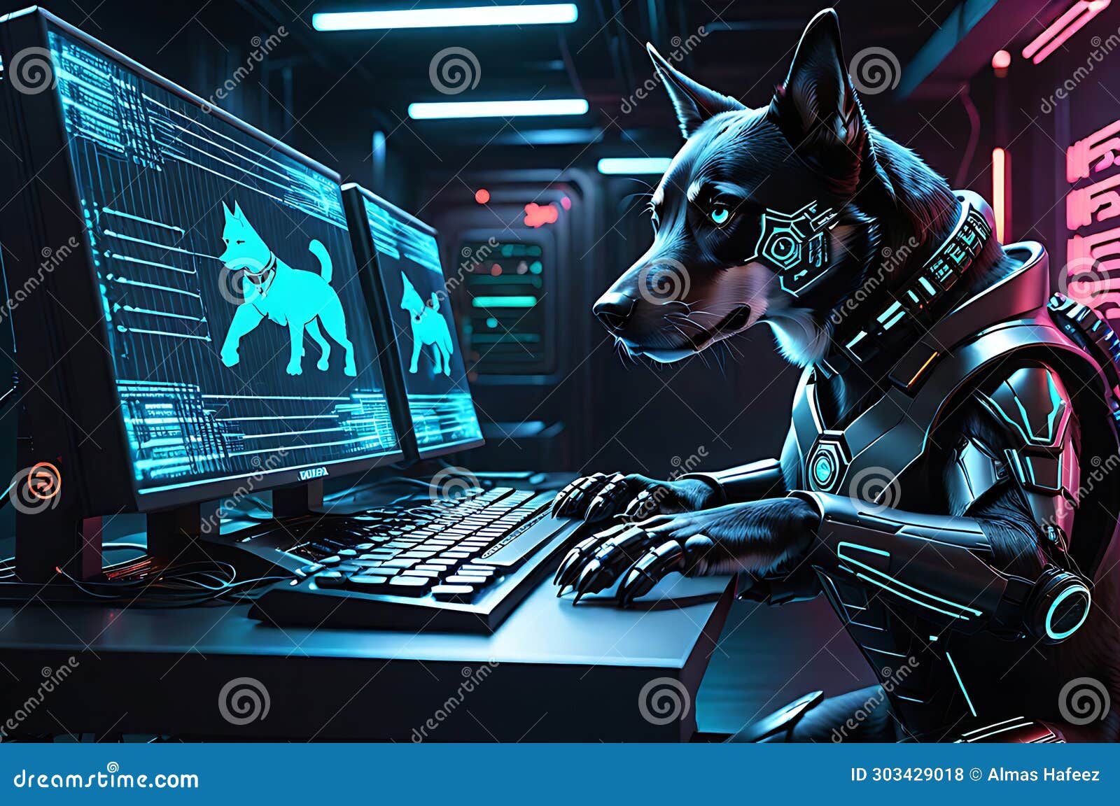 Digital Paws: Cybernetic Canine Engaged in Programming on a High-Tech ...