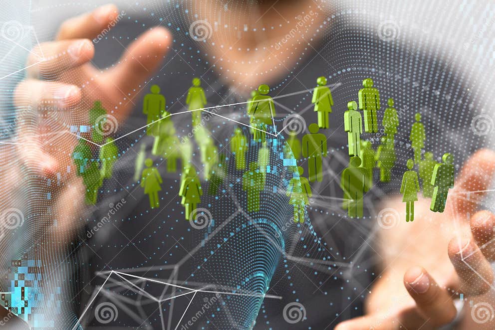 Digital People Icons Hovering between Hands. Stock Photo - Image of ...