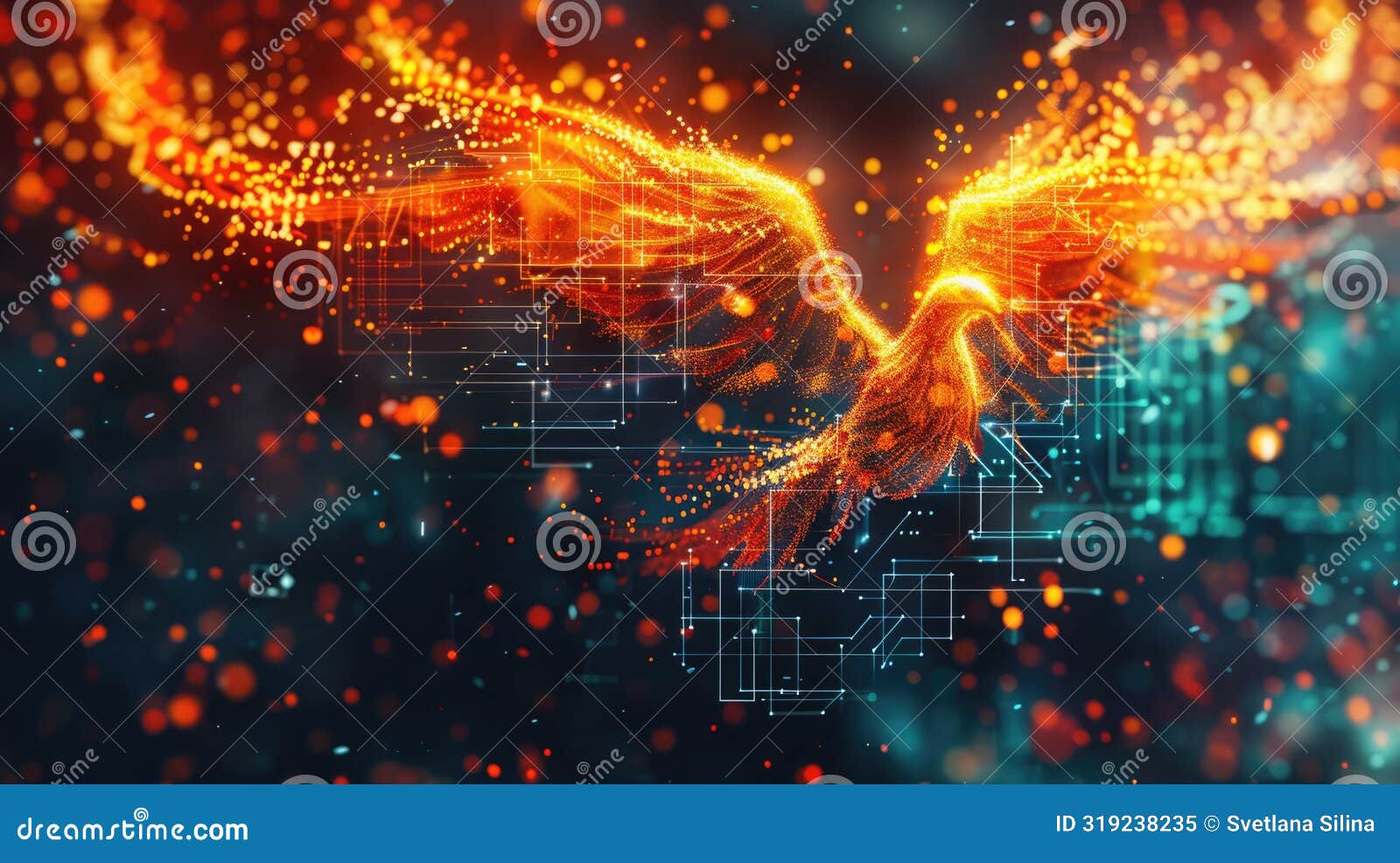 Digital Phoenix Rises from Obsolete Data Ashes, Symbolizing Rebirth and ...