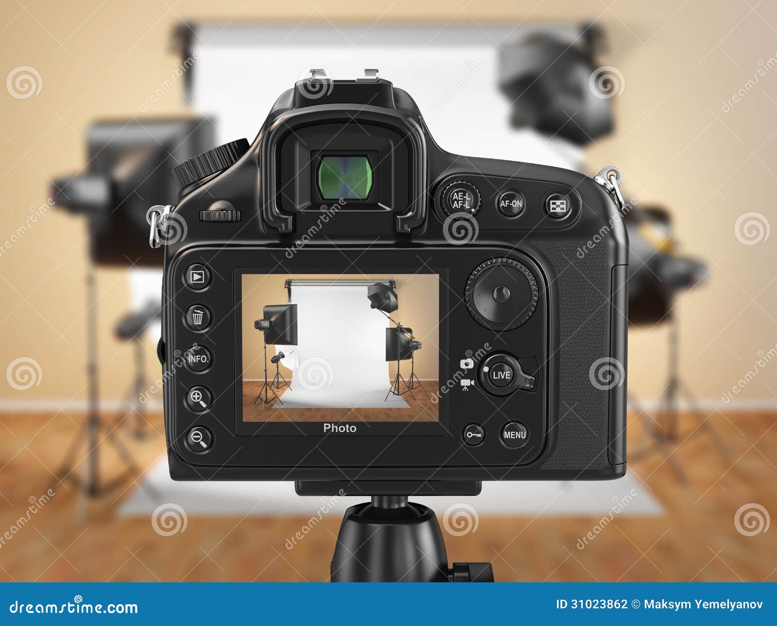 Digital Photo Camera in Studio with Softbox and Flashes. Stock ...