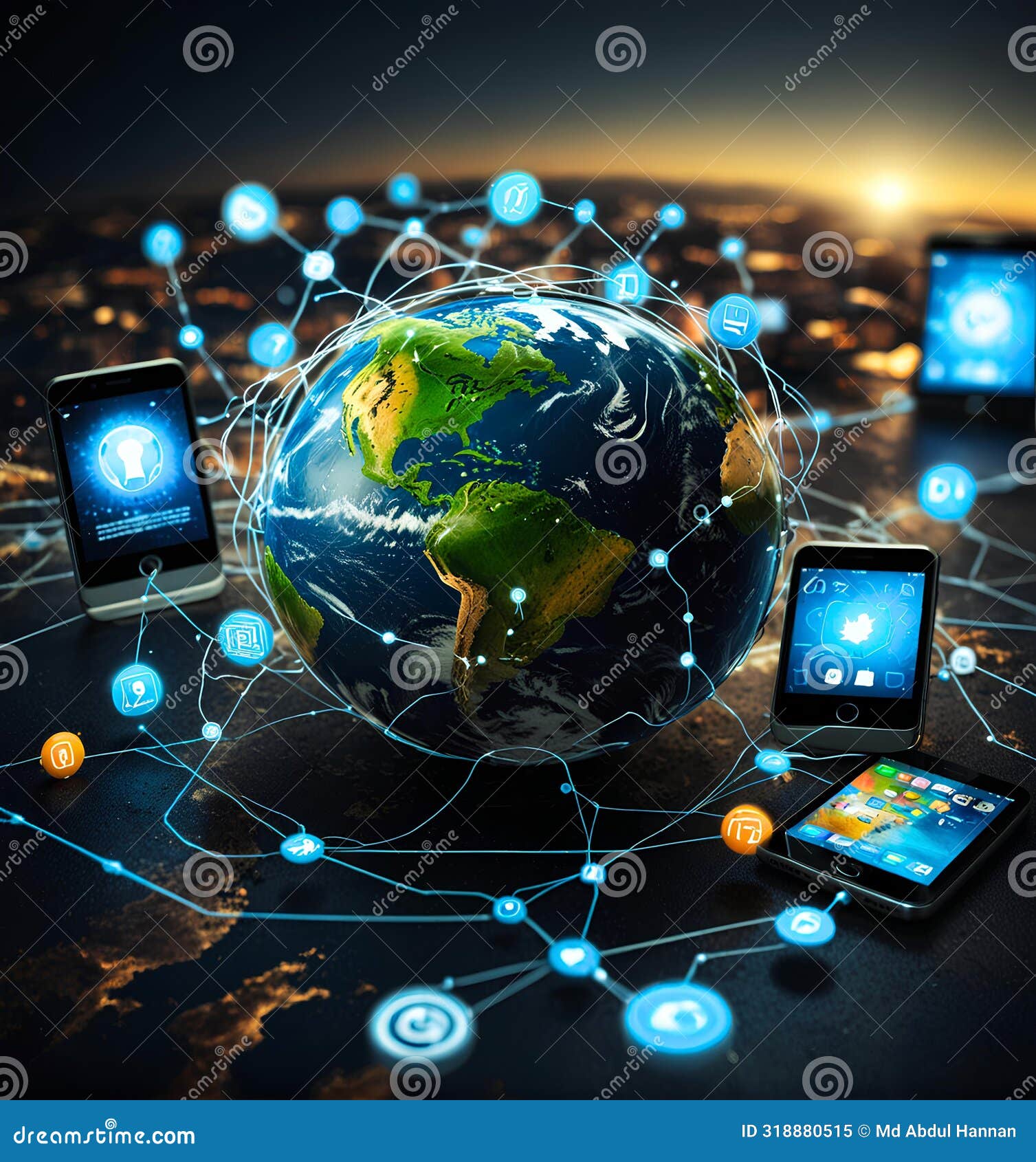 Digital Planet Earth Connected with Tech Devices and Icons Stock ...