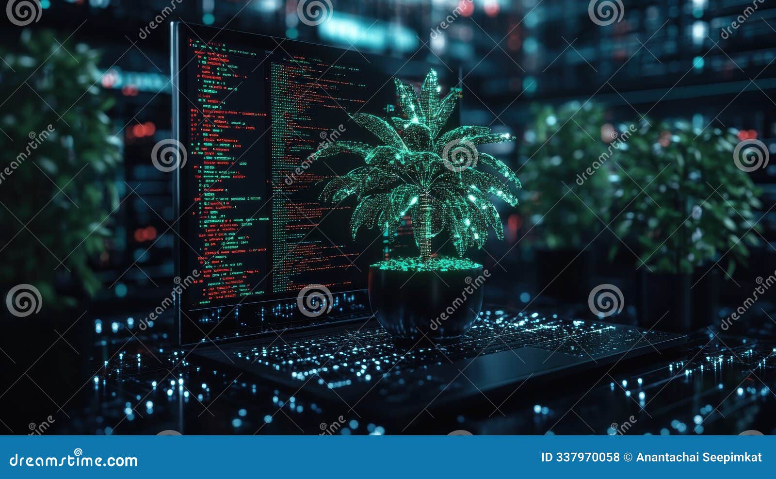 A Digital Plant Emerges from the Code on a Laptop Screen, Visualizing ...