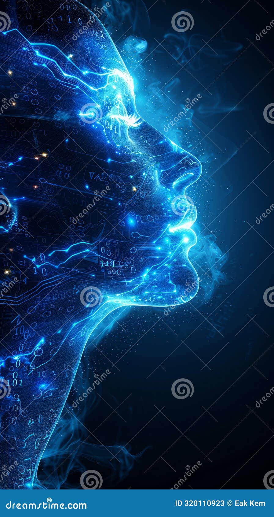 Futuristic Digital Human Face with Glowing Blue Circuitry and Data ...