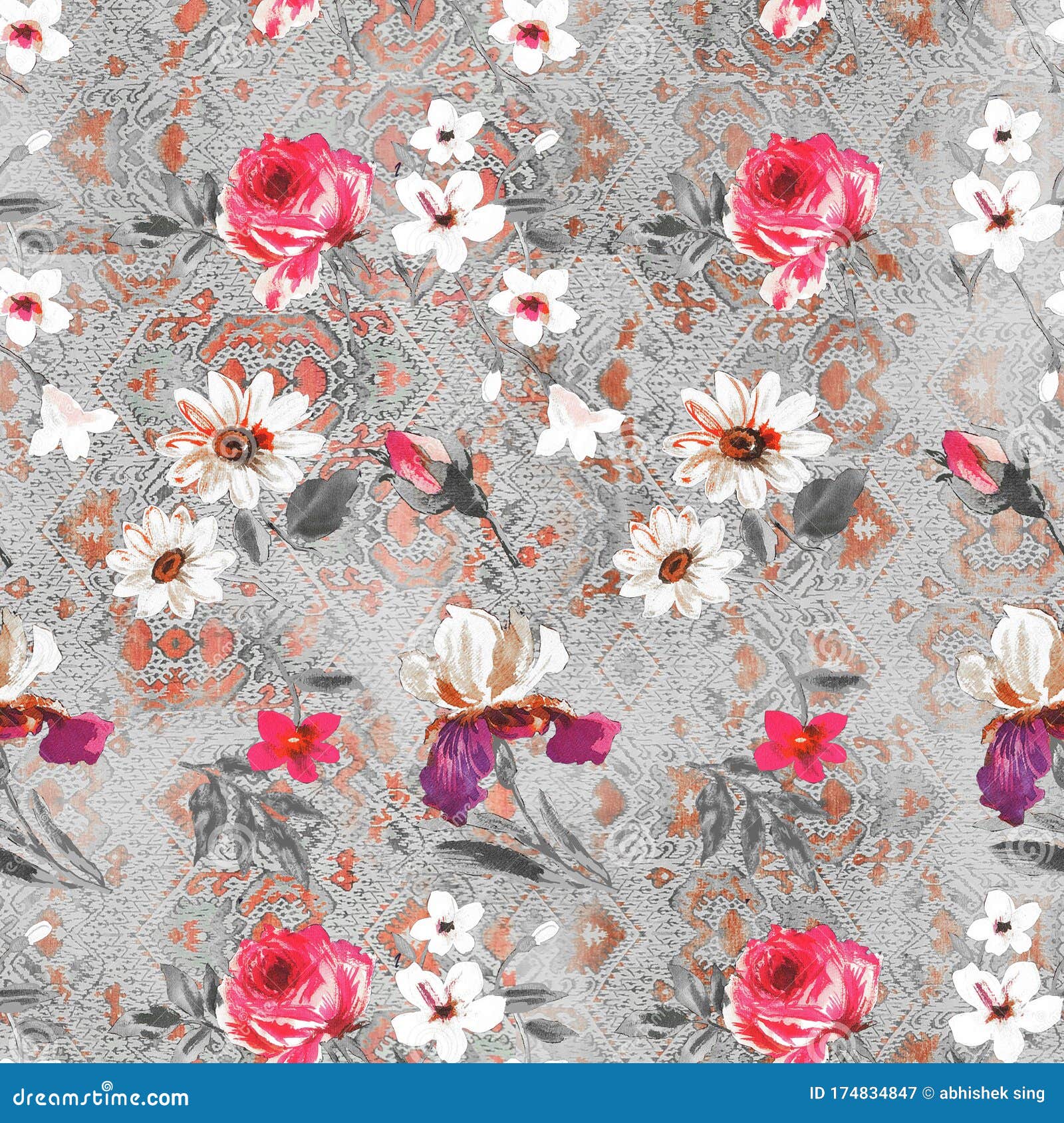 Digital Print Flower Pattern Design Stock Illustration - Illustration ...