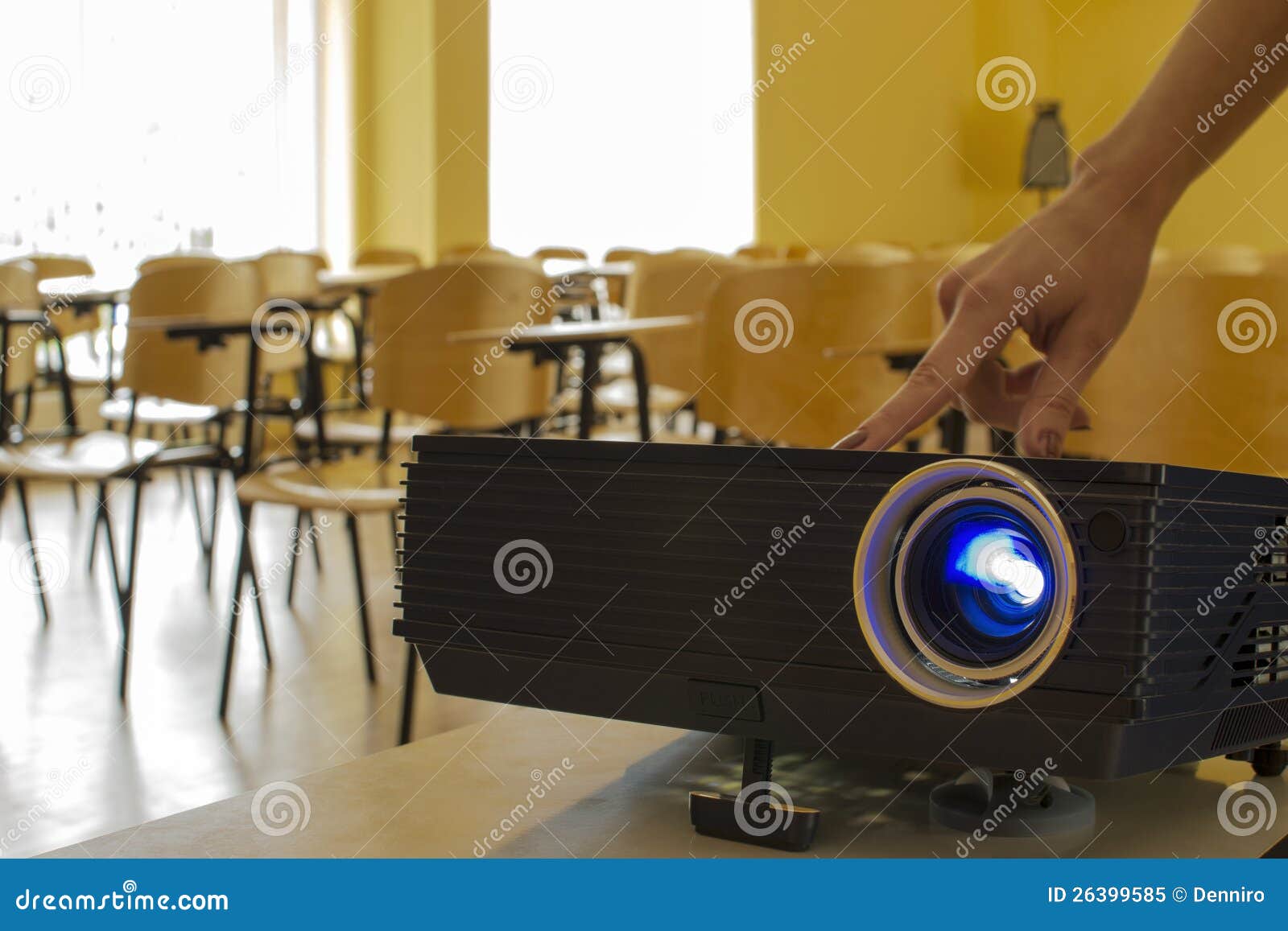 Digital Projector and Female Hand Pressing Button Stock Image - Image ...