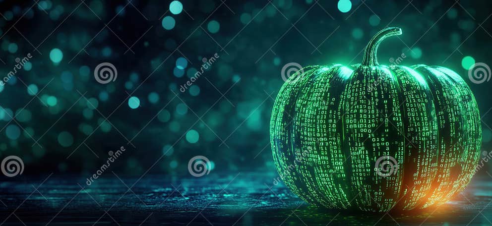 Digital Pumpkin with Binary Code, Glowing Green Against Dark Background ...