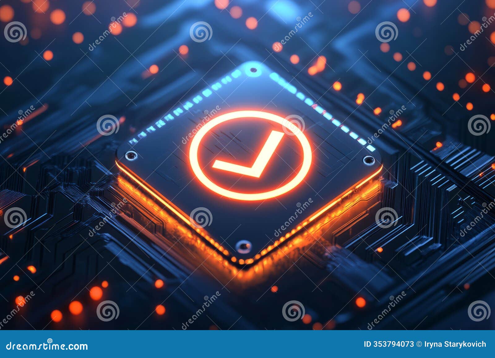 Digital Quality Control Button with Check Mark in Digital Space. 3d ...