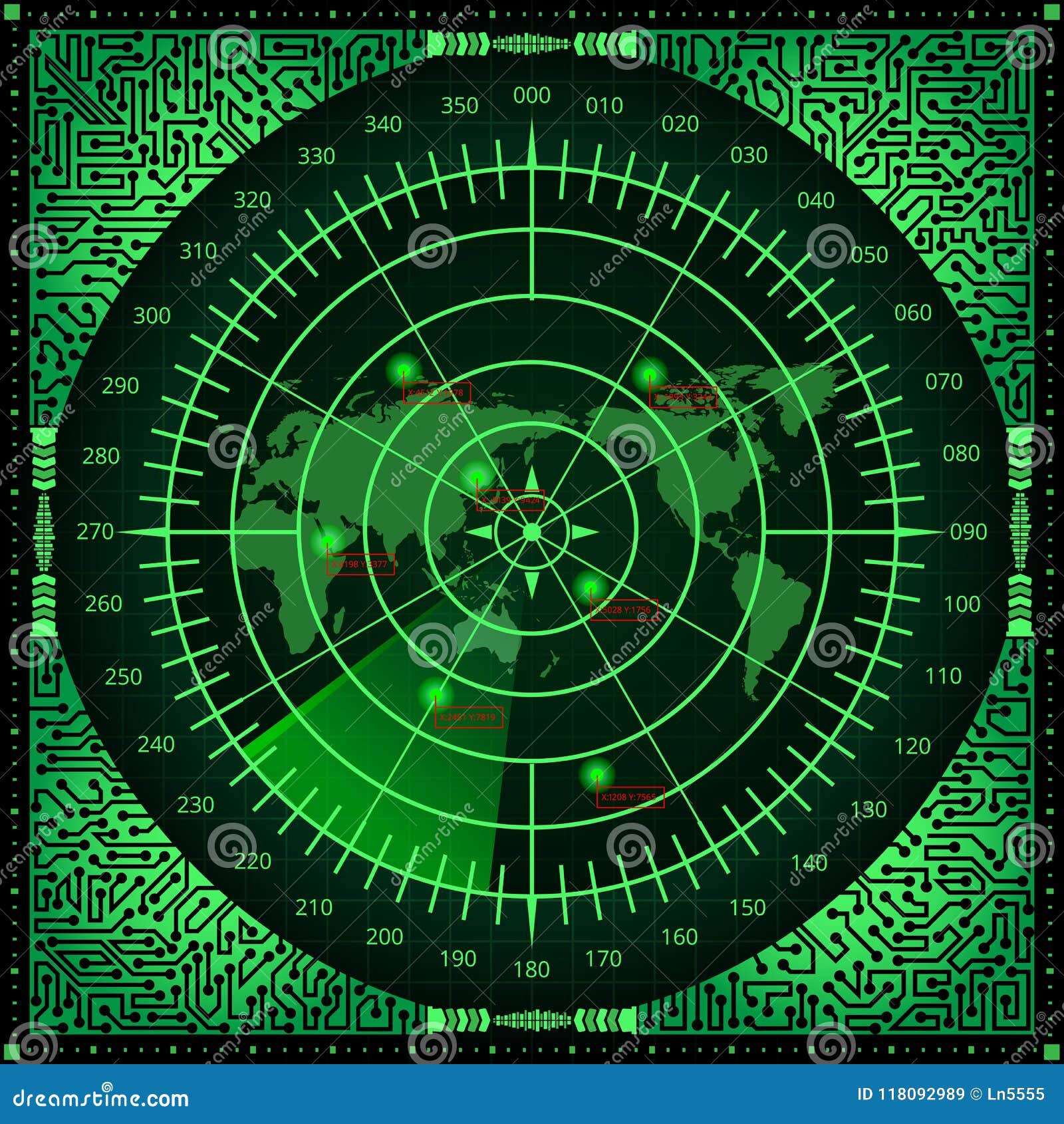 Digital Radar Screen With World Map, Targets And Circuit Board Elements ...