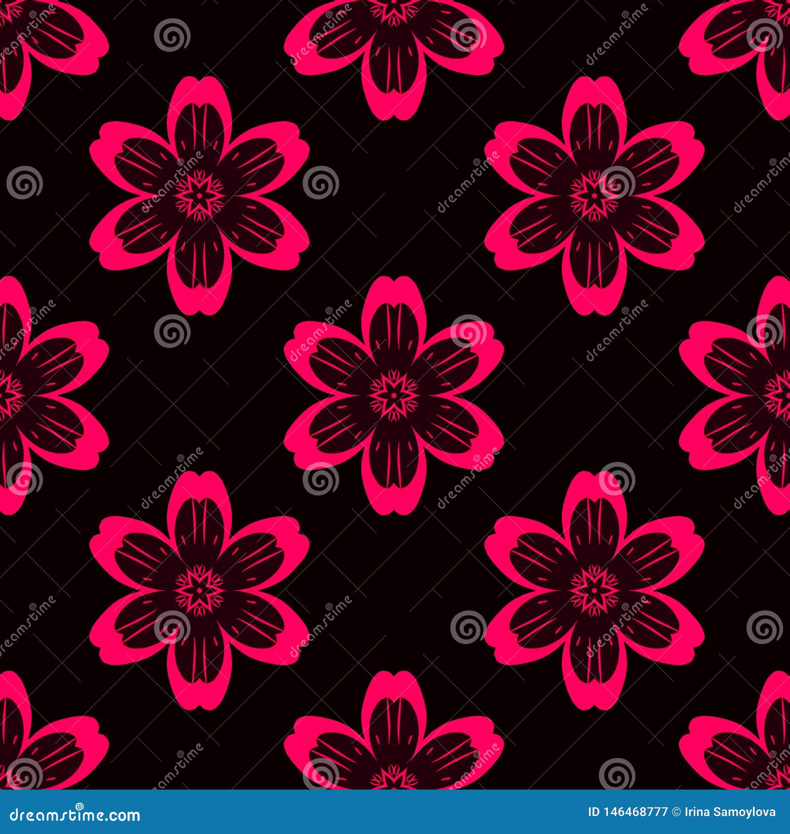 Digital Red Flowers Simple Seamless Pattern on Black Stock Illustration ...