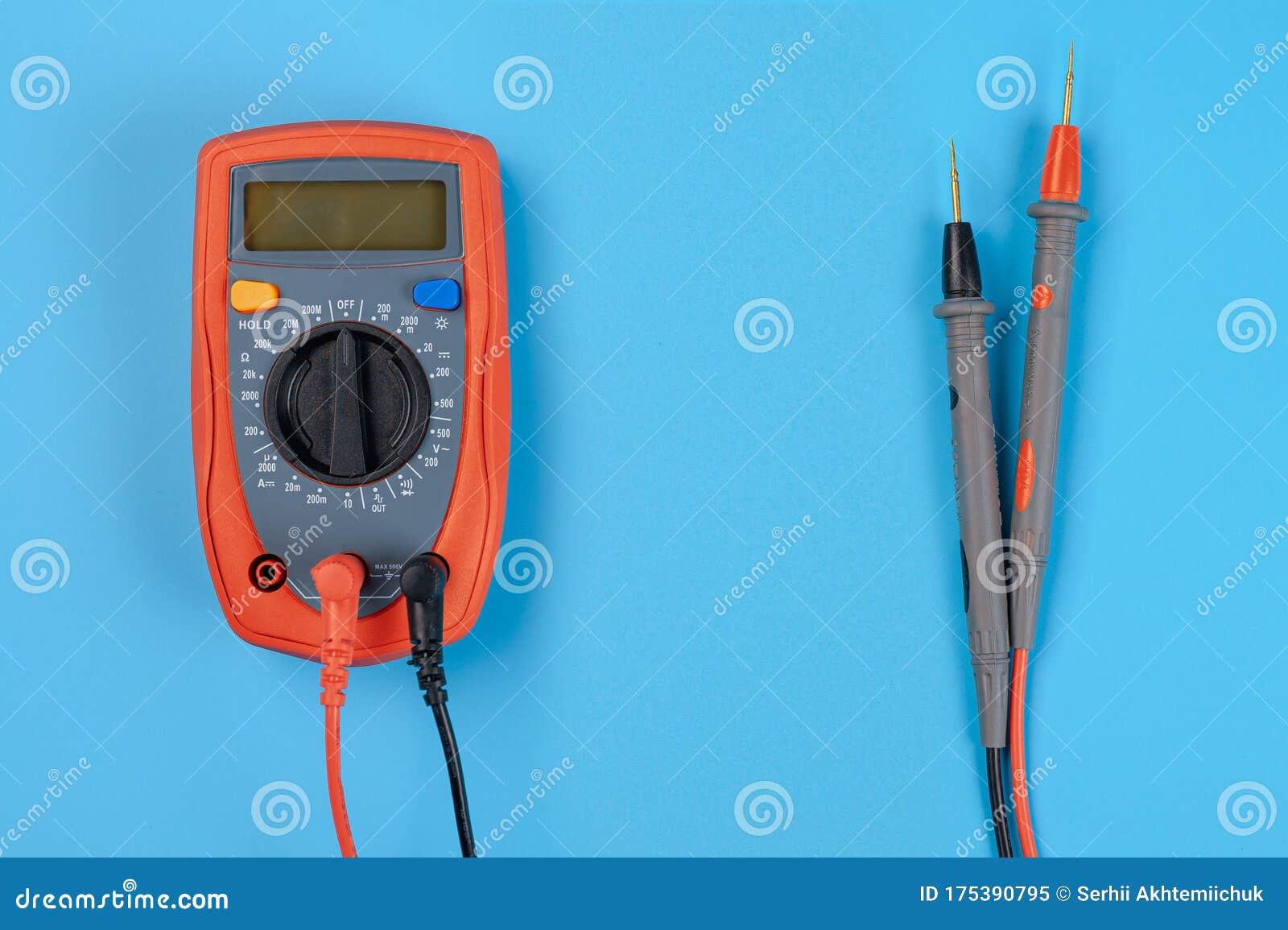 .Digital Red Multimeter with Wires Blue Background Stock Image - Image ...