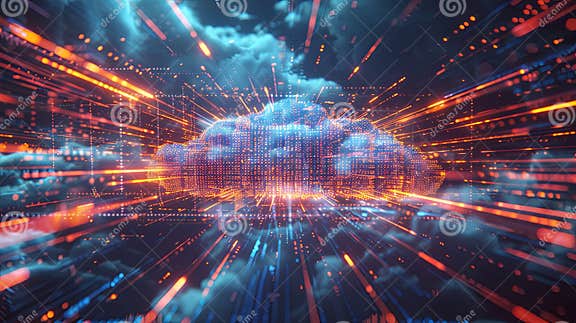 A Digital Rendering Of A Cloud Computing Network With Data Streams And 2303