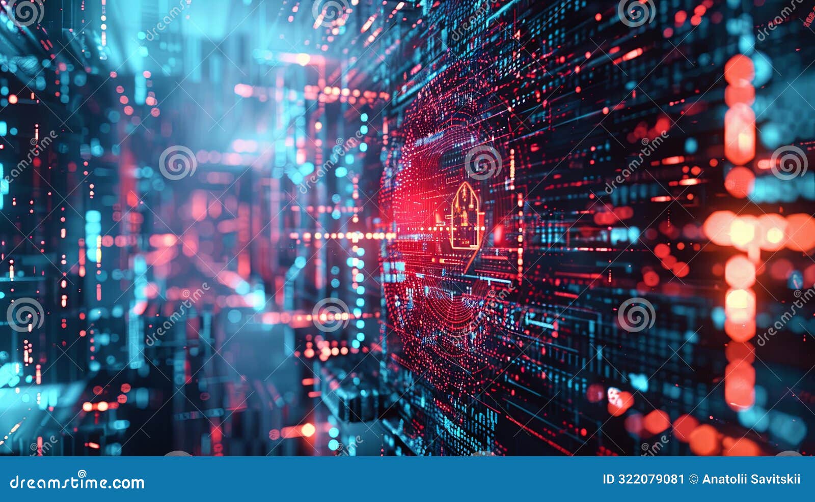 A Digital Rendering Depicting a Futuristic Cybersecurity Network with AI-powered Locks, Shields ...