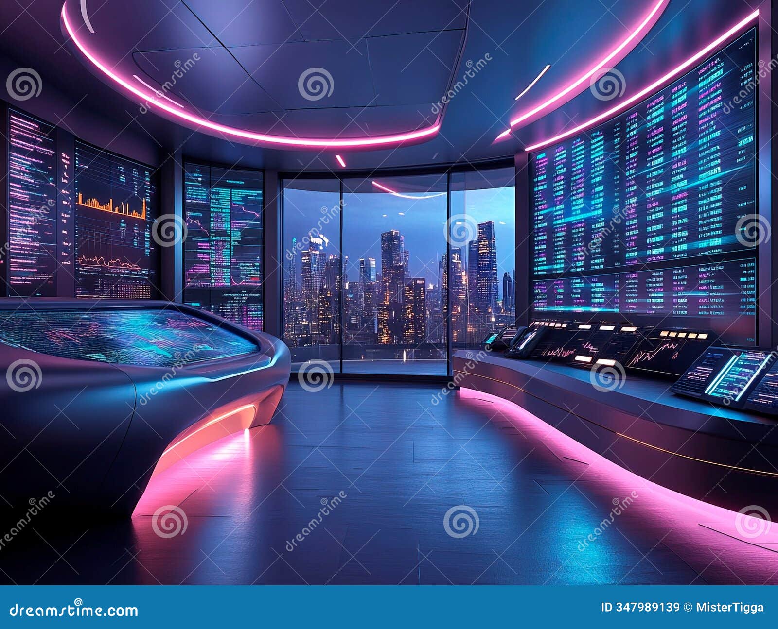 A Digital Rendering of a Futuristic Command Center with Multiple Workstations, Large Screens ...
