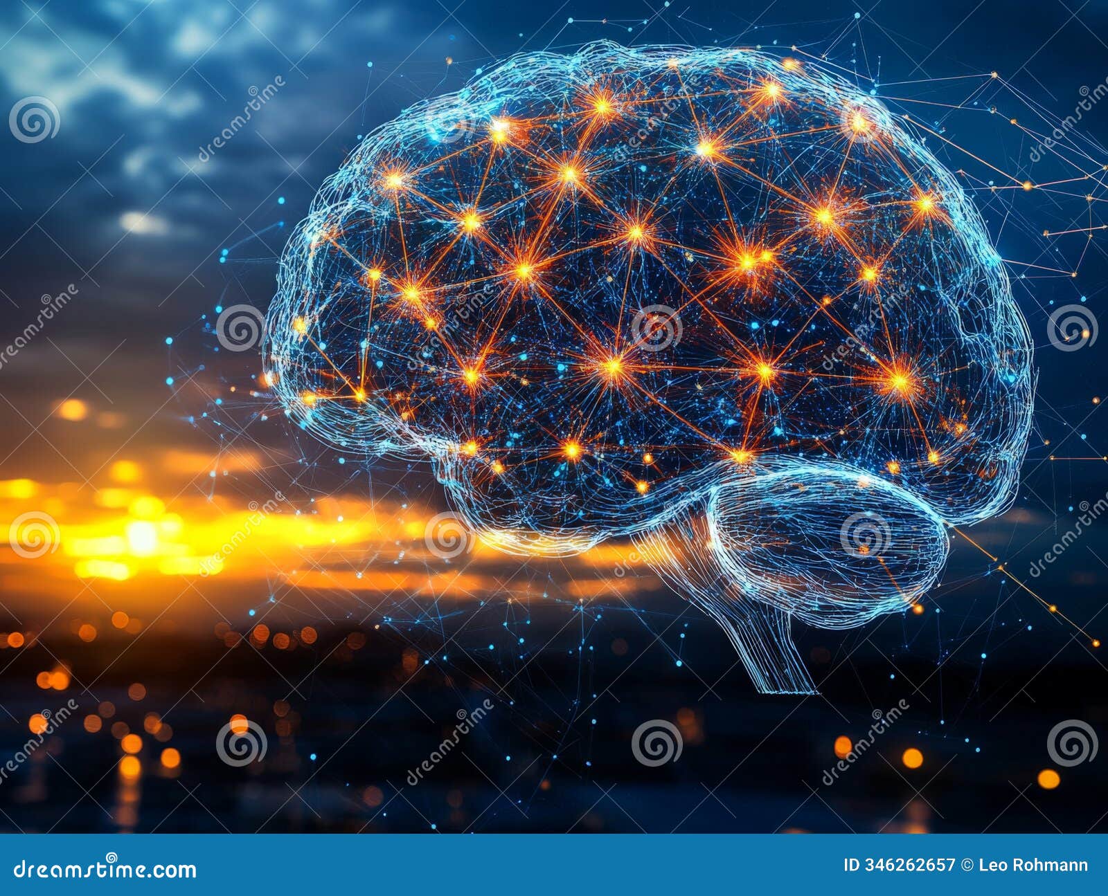 Digital Rendering of a Glowing Neural Brain Overlaid with a Sunset ...
