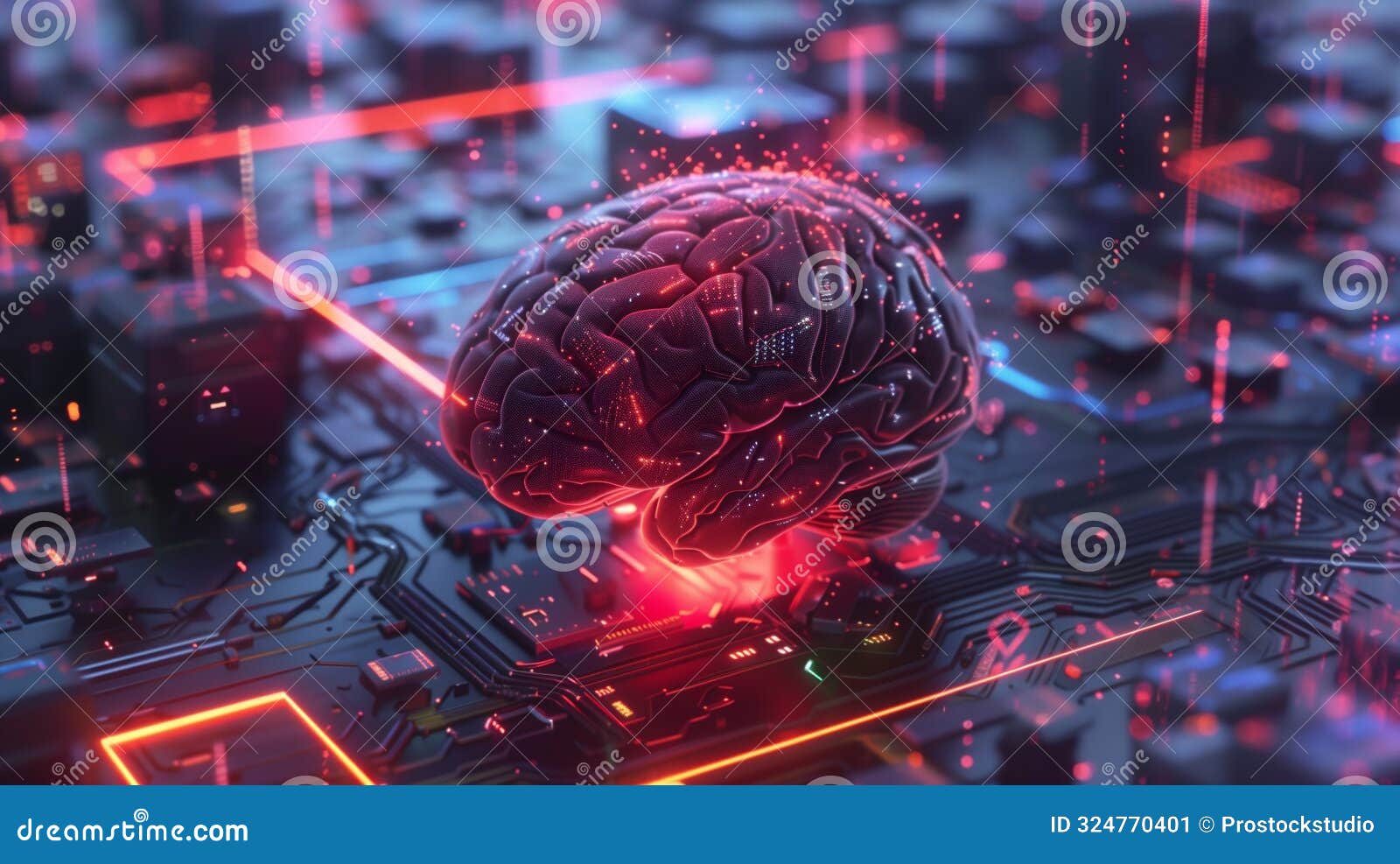 Digital Brain on Circuit Board with Red Lights Stock Image - Image of ...