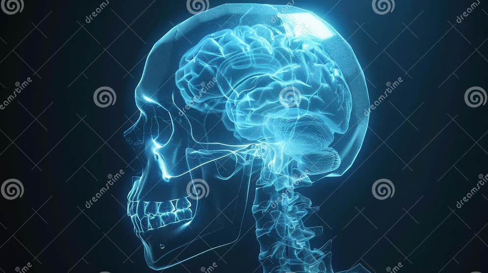 Digital Rendering of a Human Skull and Spine with a Glowing Brain Stock ...
