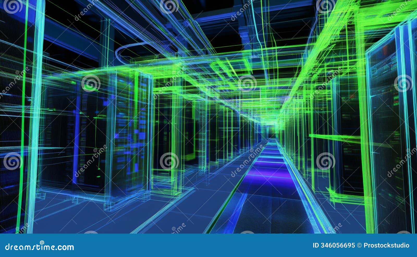 A Digital Rendering of a Server Room with Green and Blue Lines Stock ...