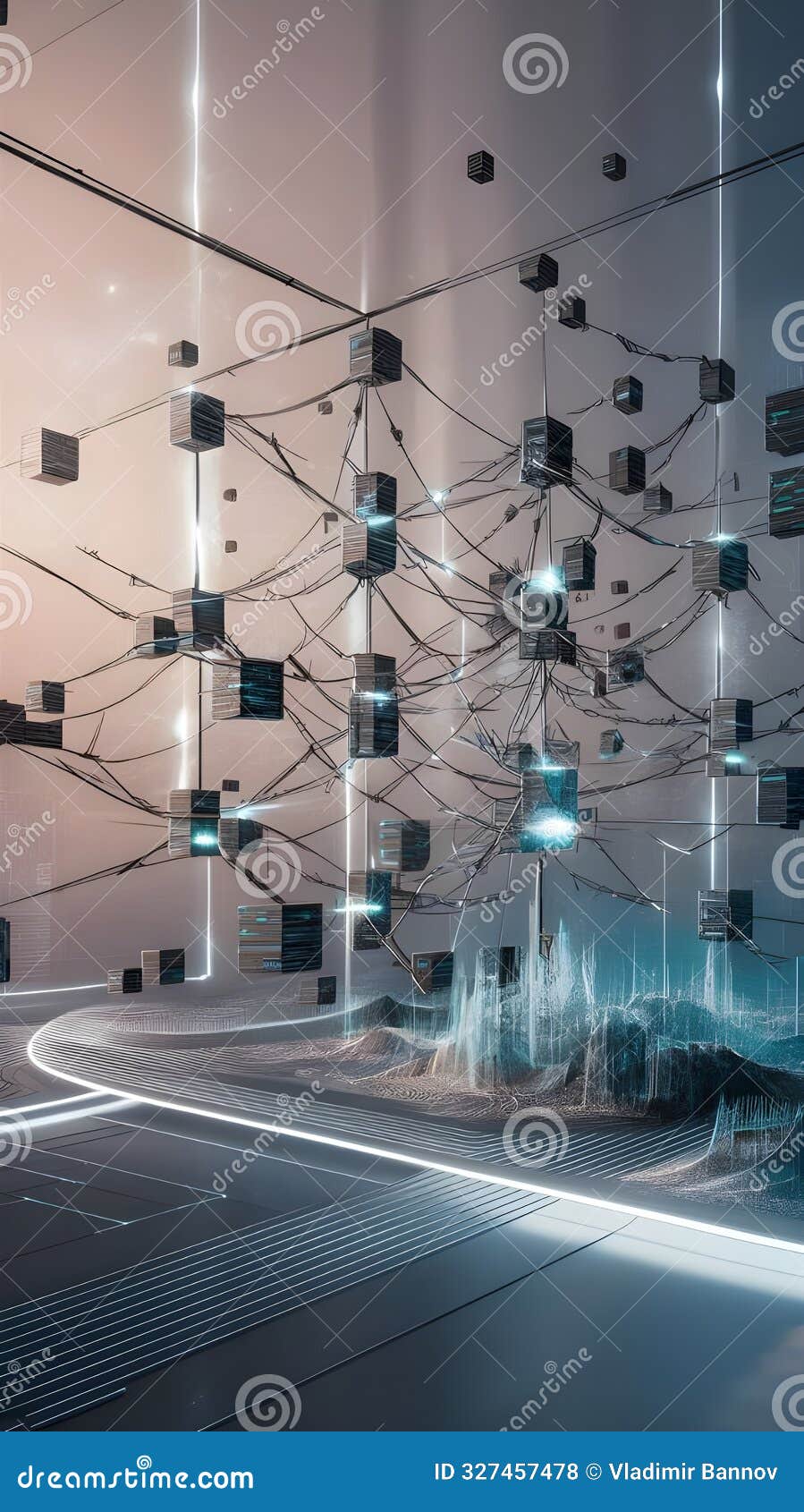 A Digital Representation Of A Blockchain Network With Interconnected Nodes And Data Blocks Stock