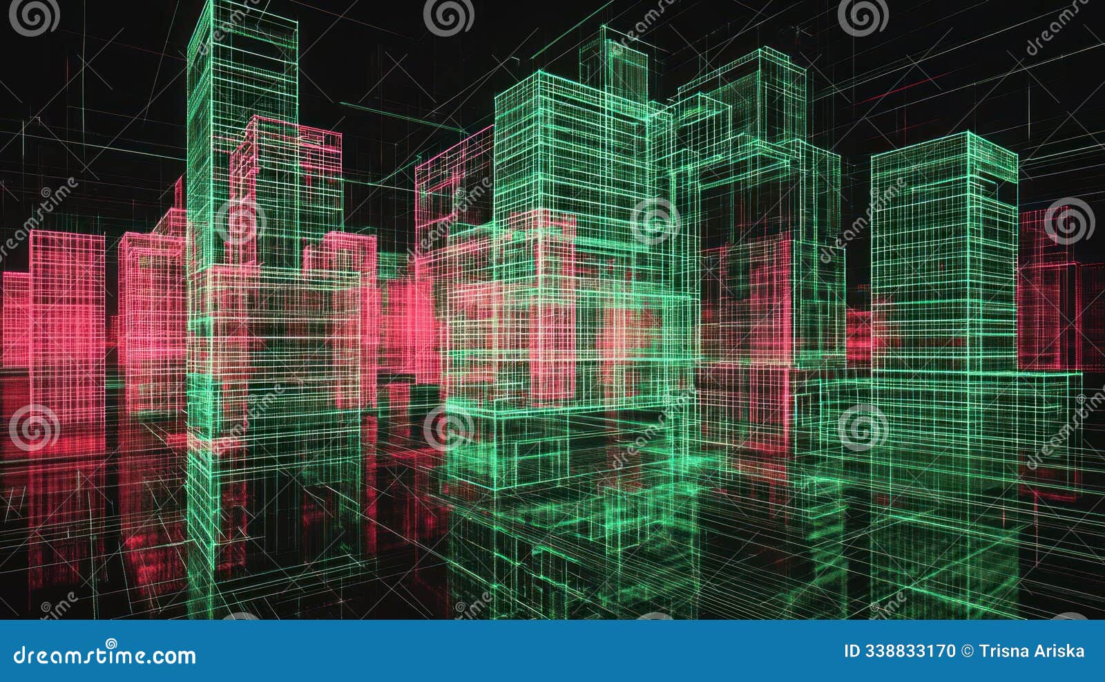 A Digital Representation of a Cityscape with Green and Red Wireframe ...