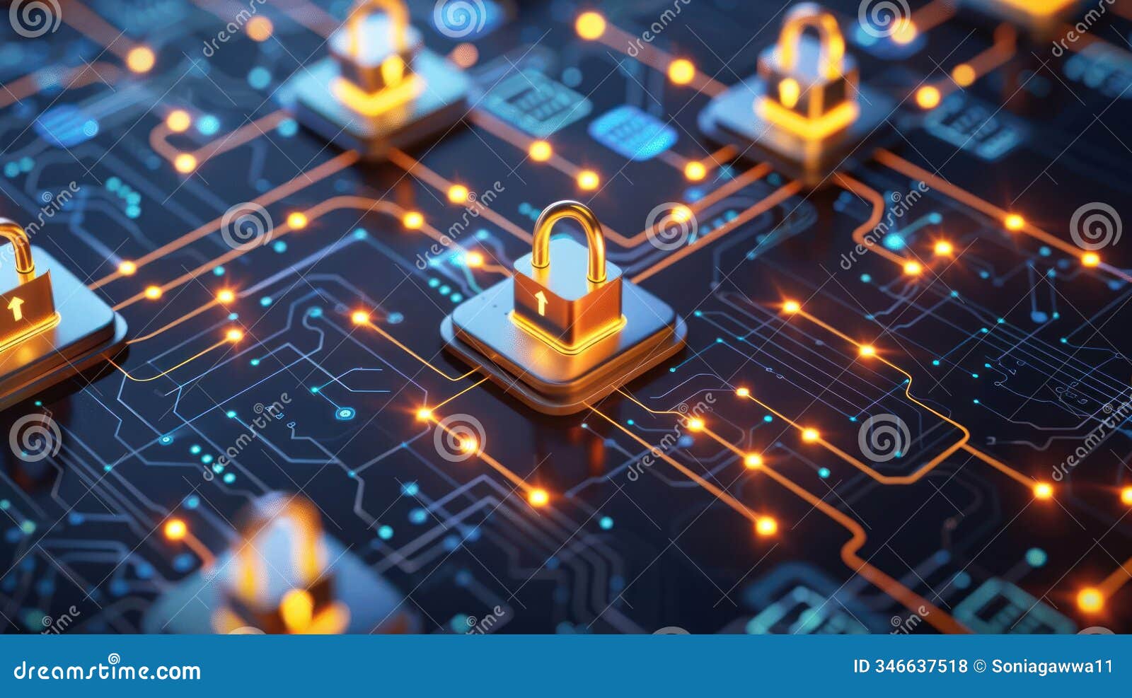 A Digital Representation of Cybersecurity with Padlocks on a Circuit ...