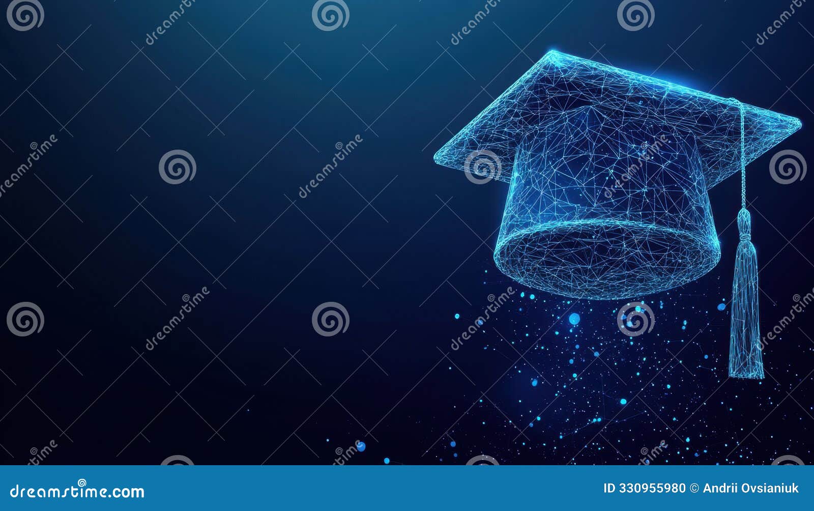 Digital Graduation Cap Floating in a Blue Background with Shimmering ...