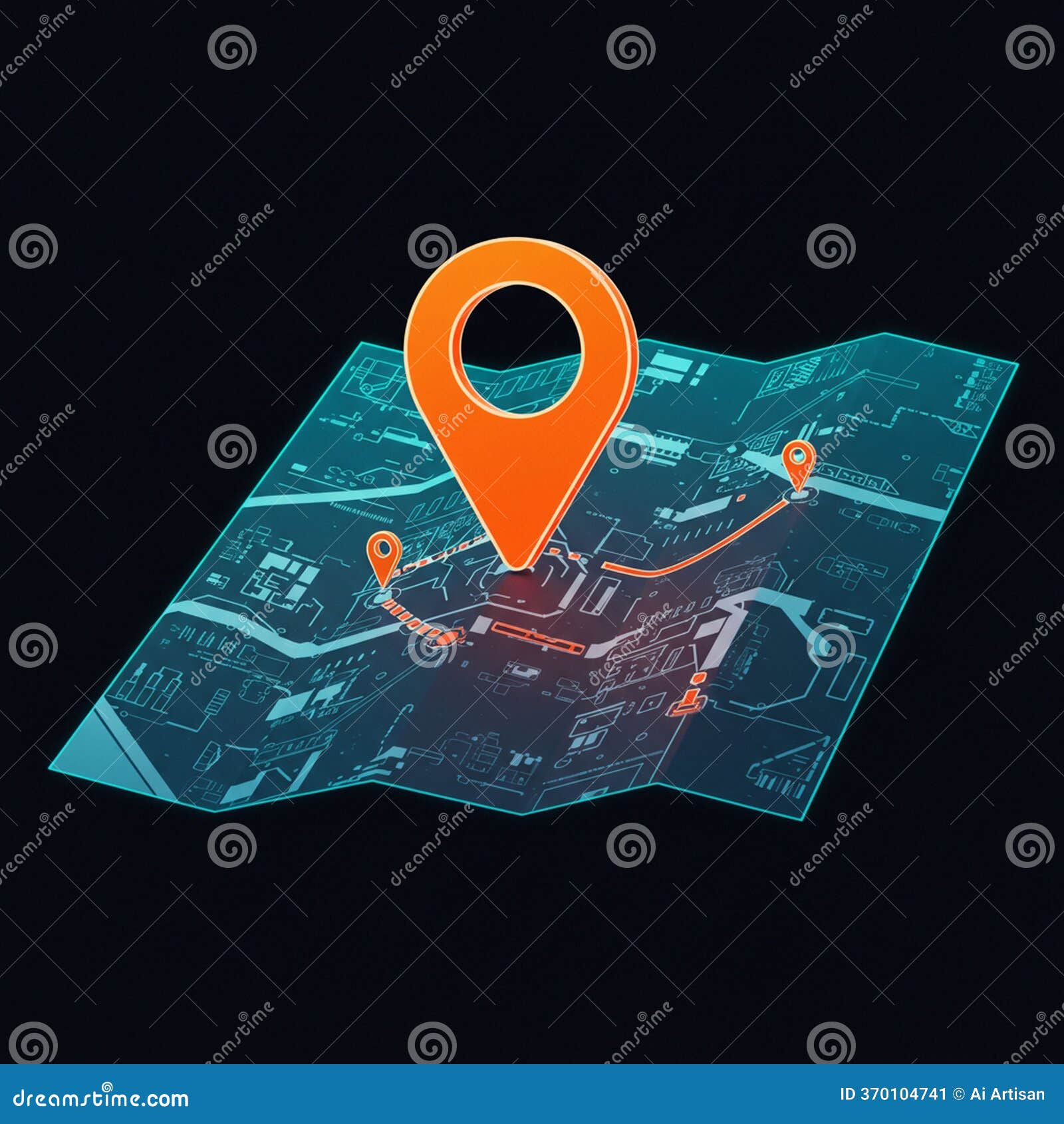 A Digital Representation Of A Map With Three Prominent Orange Location ...