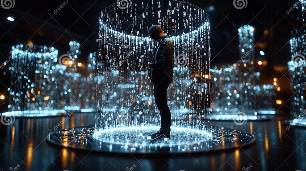 A Digital Representation of a Person Standing in a Futuristic Data Flow, Illuminated by Glowing ...