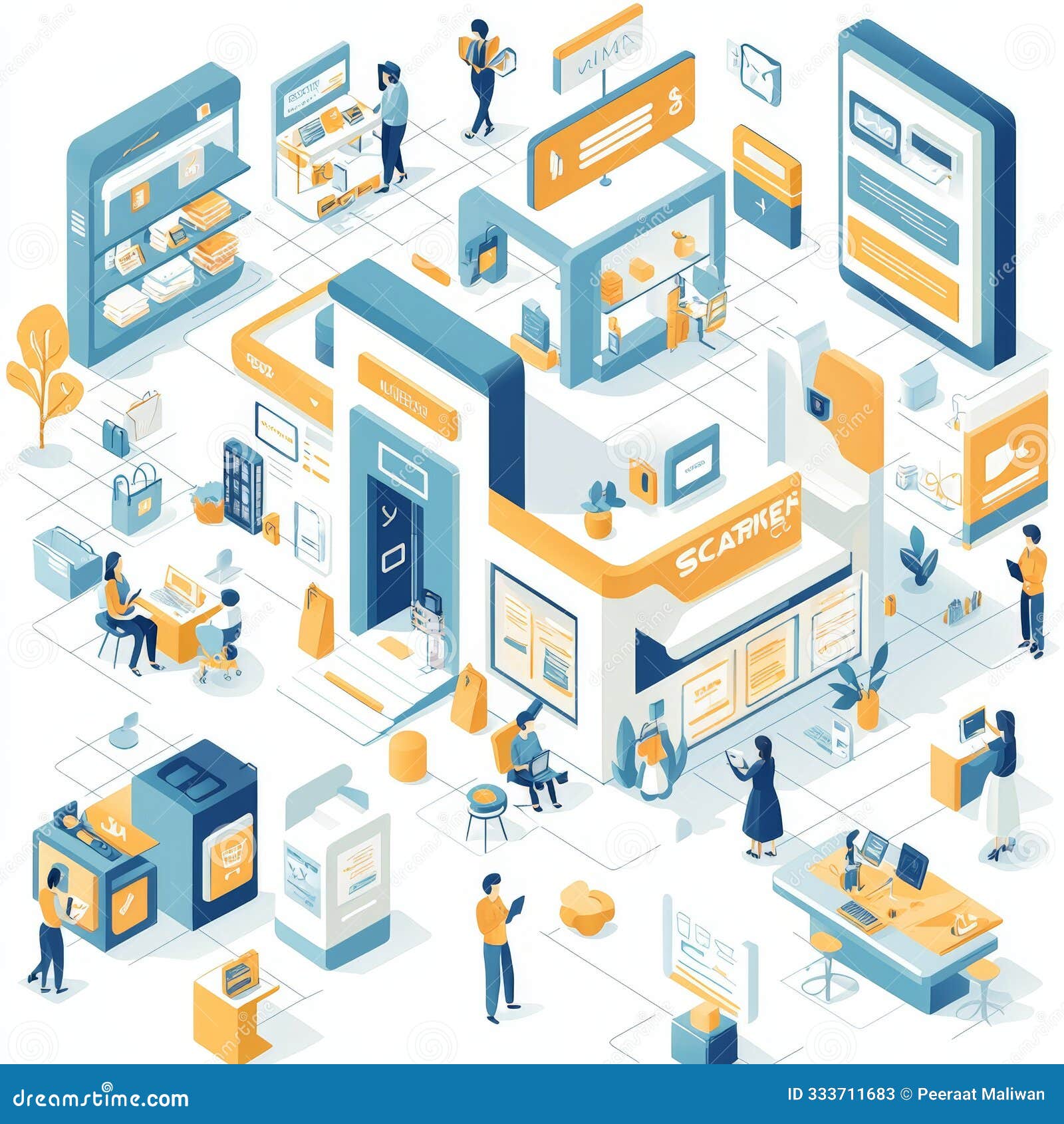 Digital Retail Ecosystem and Online Shopping Experience Illustration ...