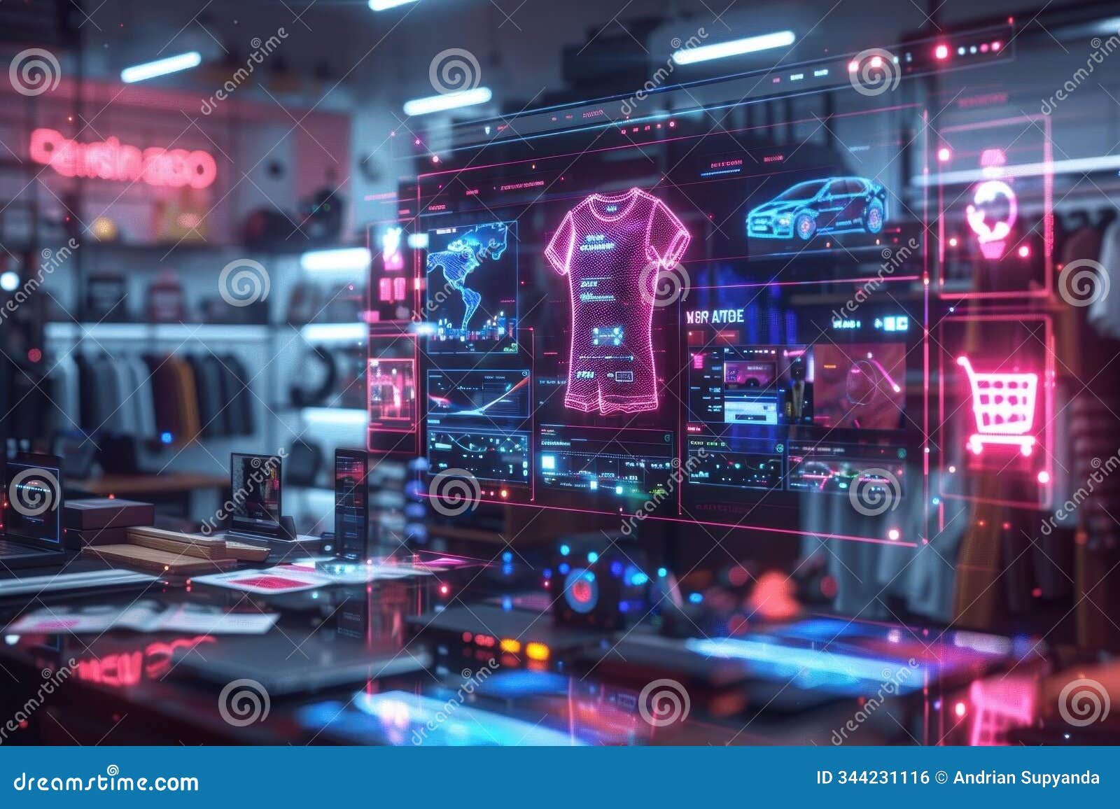 Digital Retail Interface with Holographic Display Stock Illustration ...