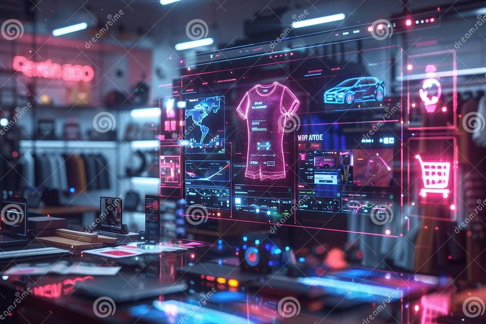 Digital Retail Interface with Holographic Display Stock Illustration ...