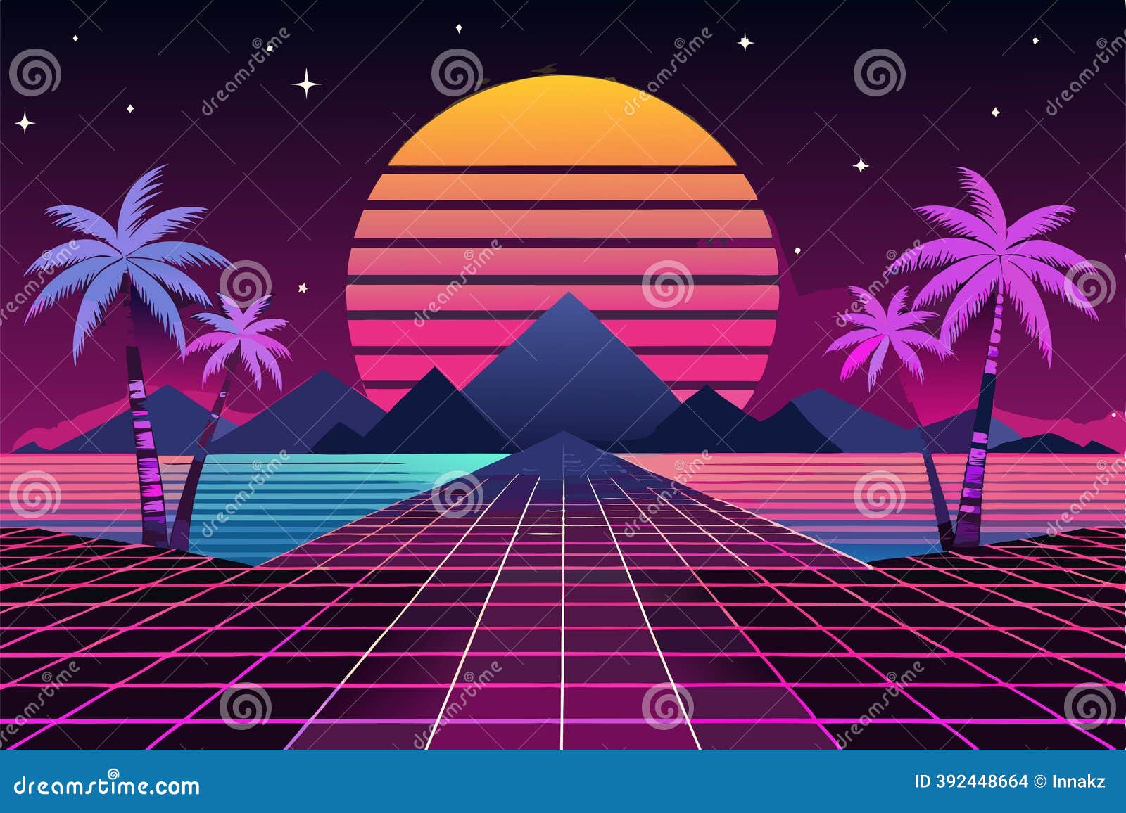 Synthwave Sunset Background 80s. Low Poly Landscape, Neon Lights. Stock ...