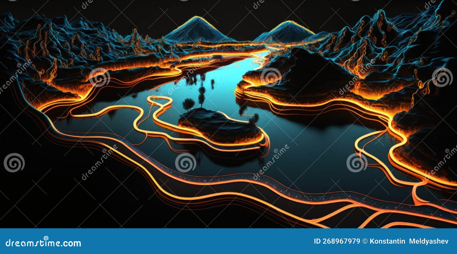 Digital River of Neon Lines in the Dark Digital Illustration Art Stock ...