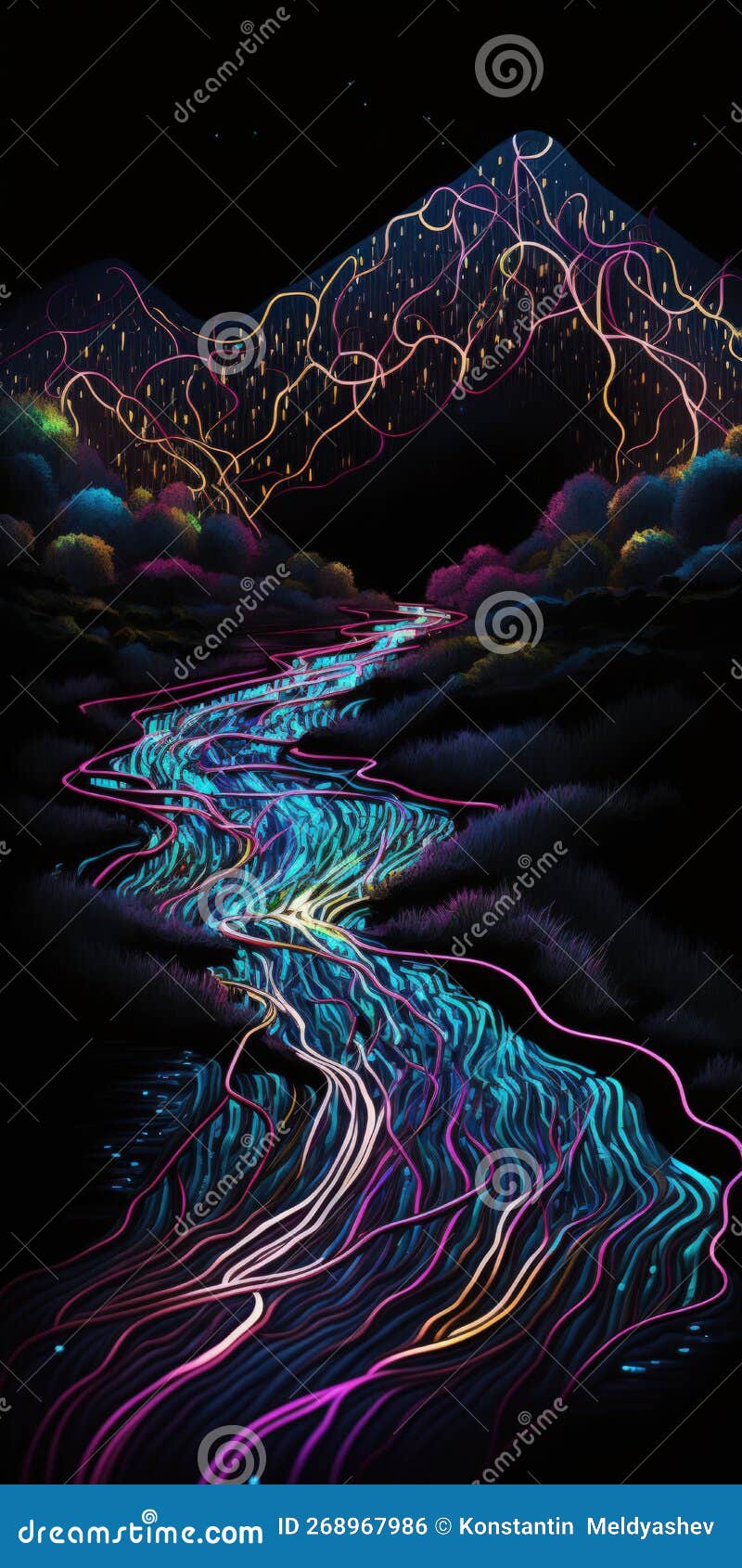 Digital River of Neon Lines in the Dark Digital Illustration Art Stock ...