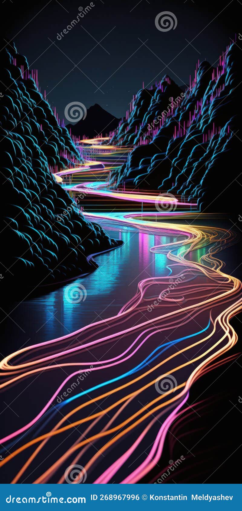Digital River of Neon Lines in the Dark Digital Illustration Art Stock ...