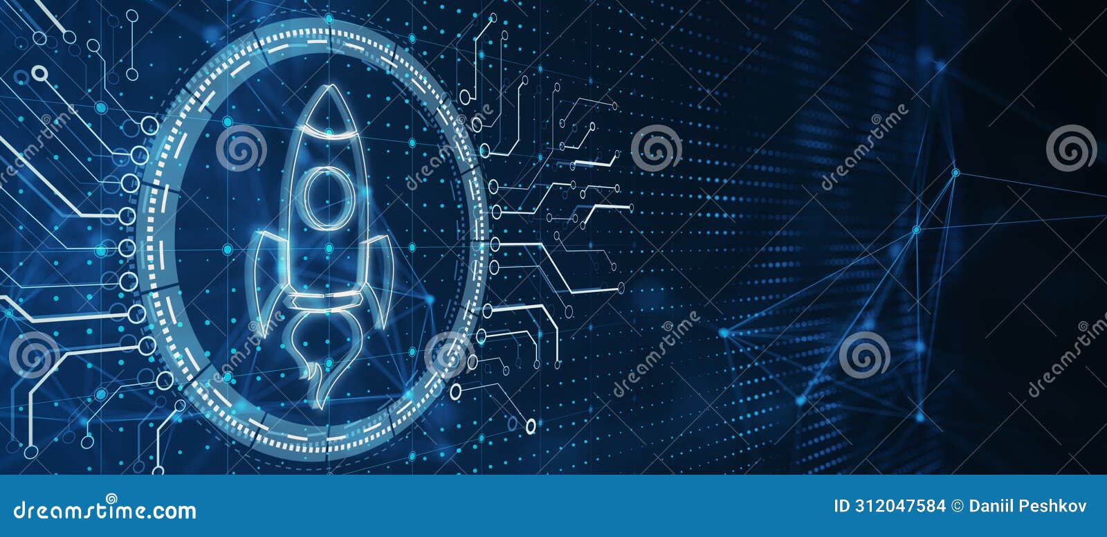 A Digital Rocket Icon with Circuitry Designs on a Blue Abstract ...